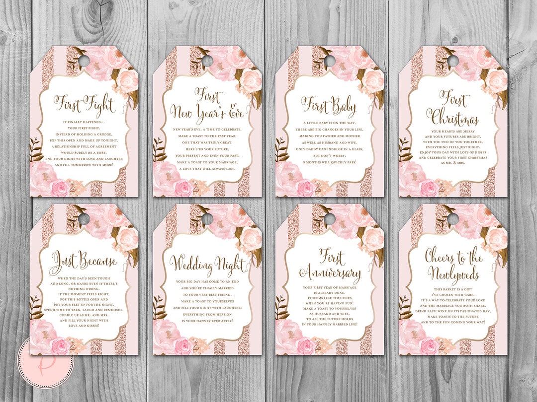 Rose Gold Floral Wine Tag Firsts, Milestone Wine Labels Wedding ...
