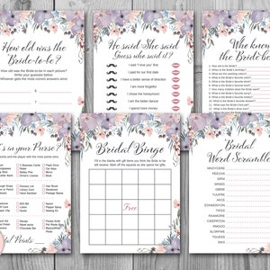 Purple Floral Bridal Shower Games Package, Instant Download, 6 Games ...