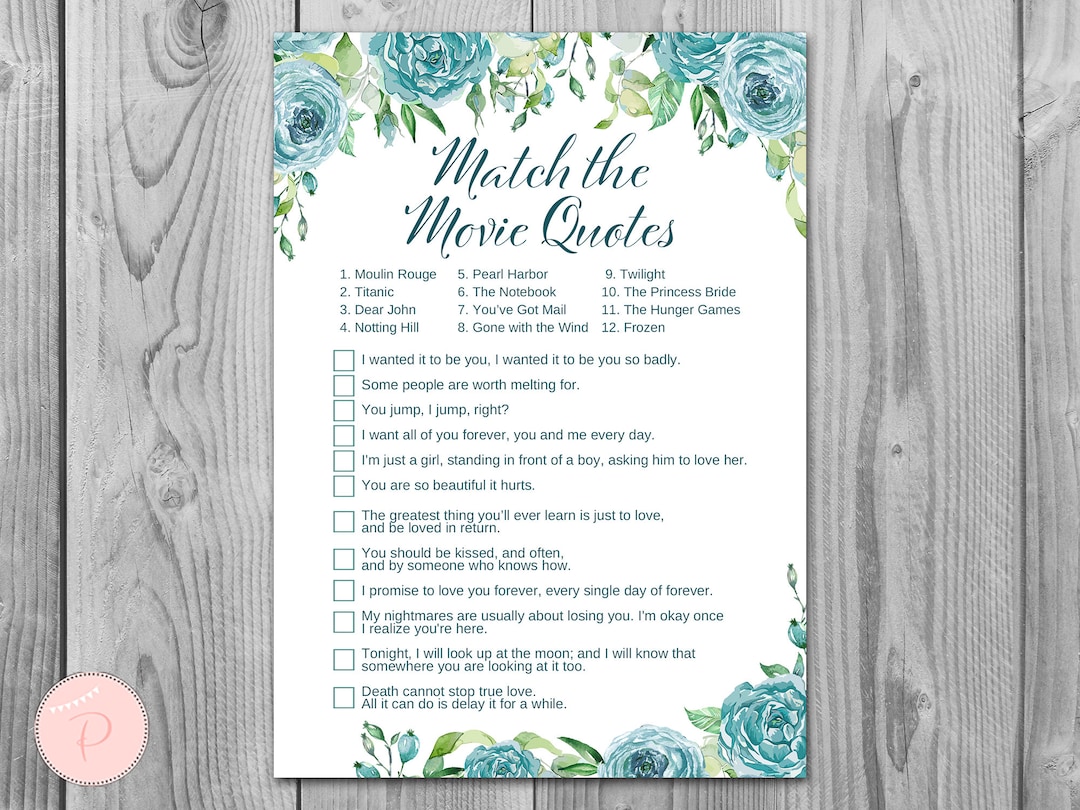 Teal Floral Movie Matching Game, Famous Love Quote Movie Game, Bridal ...
