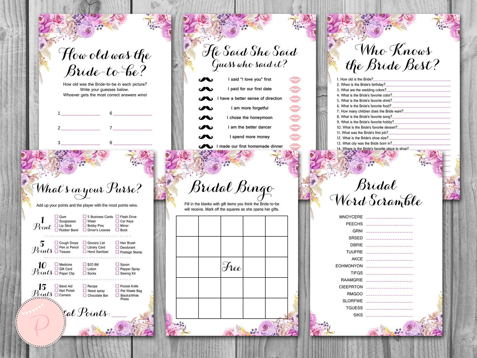 Purple Floral Bridal Shower Games Package, Instant Download, 6 Games ...