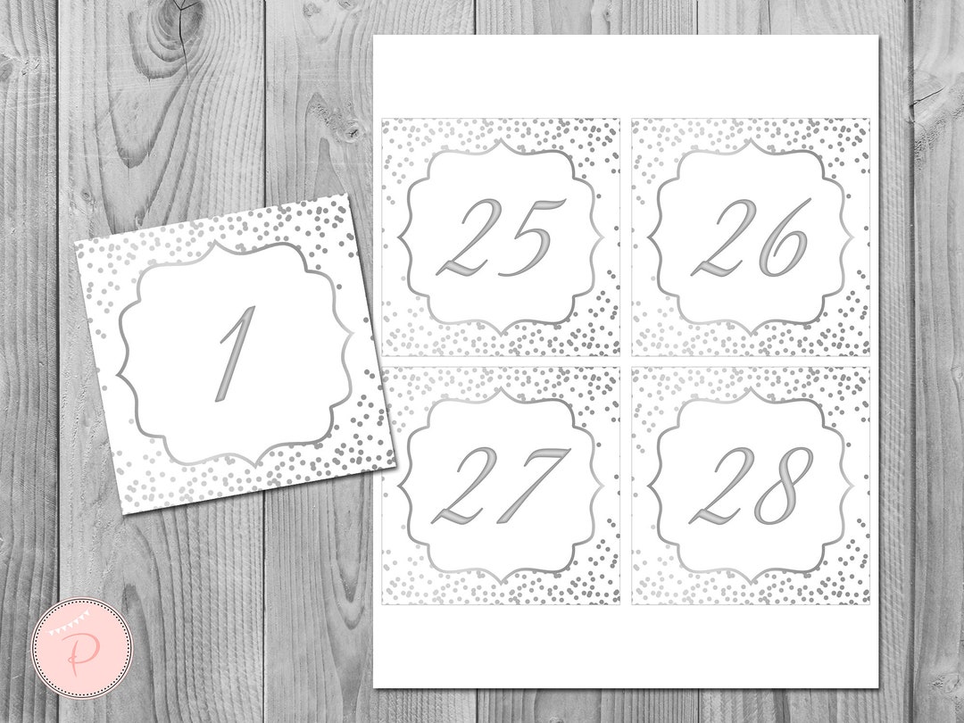 Silver Wedding Table Numbers Printable, DIY Table Number Sign, Wedding ...