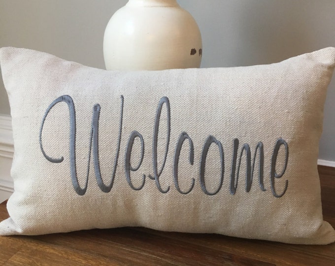 Welcome Pillow Embroidered on Canvas Material - Etsy