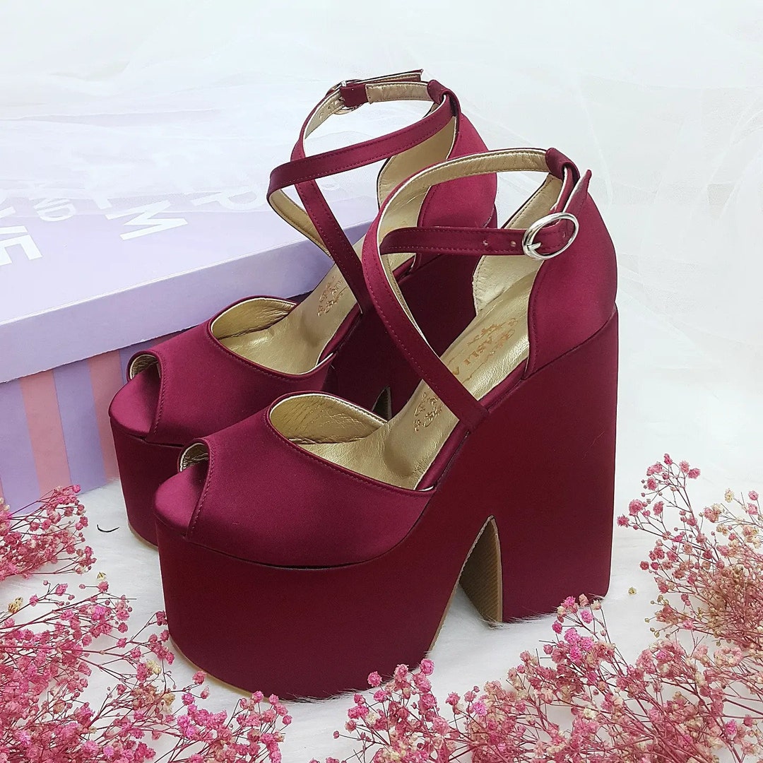 15 Cm Wedge Heel Model Light Sole Burgundy Color Satin - Etsy
