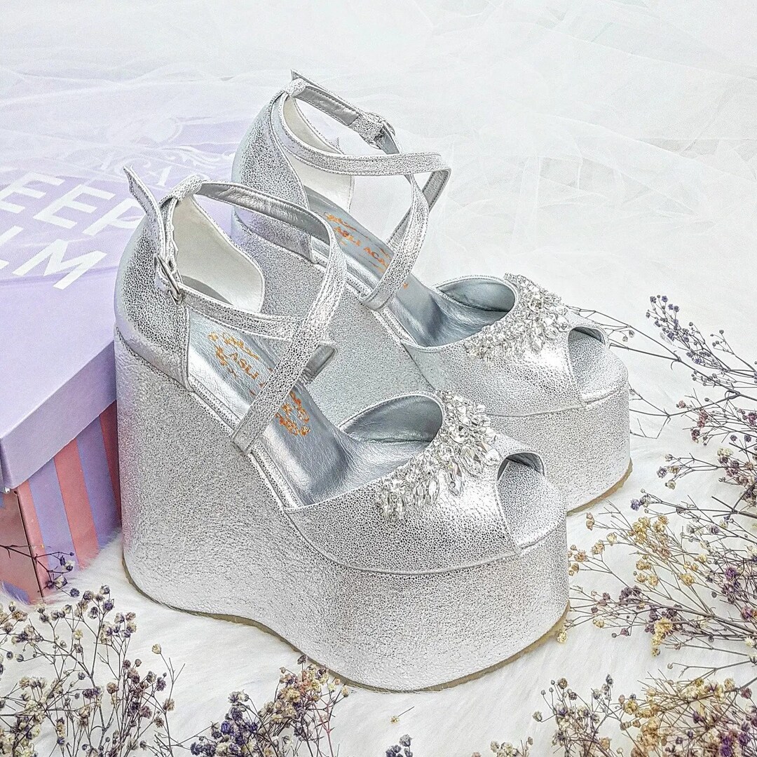 Silver Wedding Wedge Shoes: Stone Detail, Comfortable Bridal Heels - Etsy