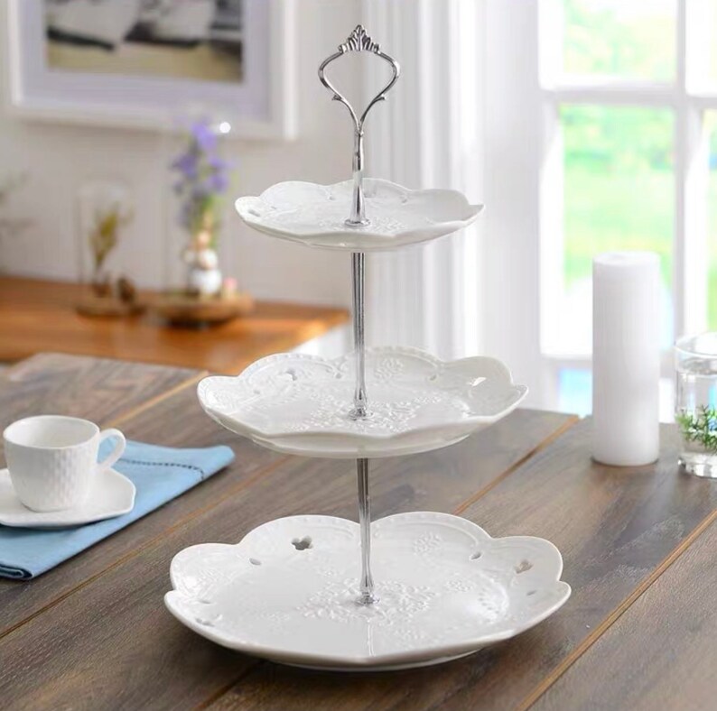 Three tier ceramic Vintage lace cupcake stand birthday party | Etsy