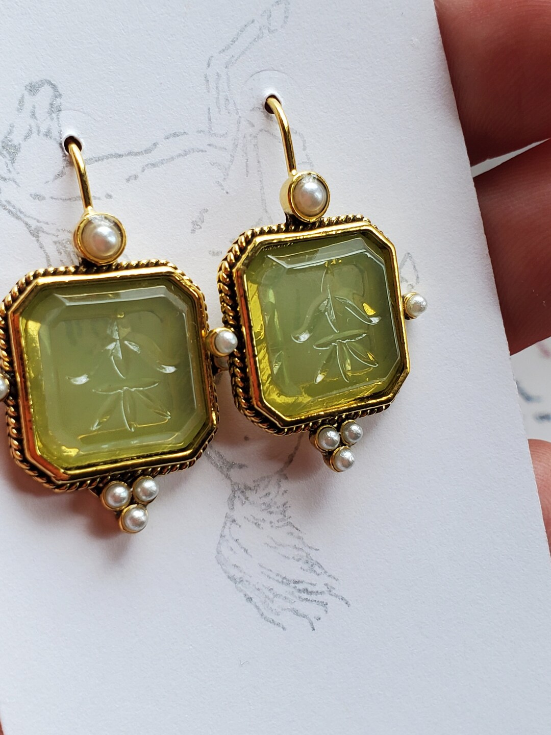 E-0750 - Green Glass Intaglio and Pearl Gold Earrings - Revival ...
