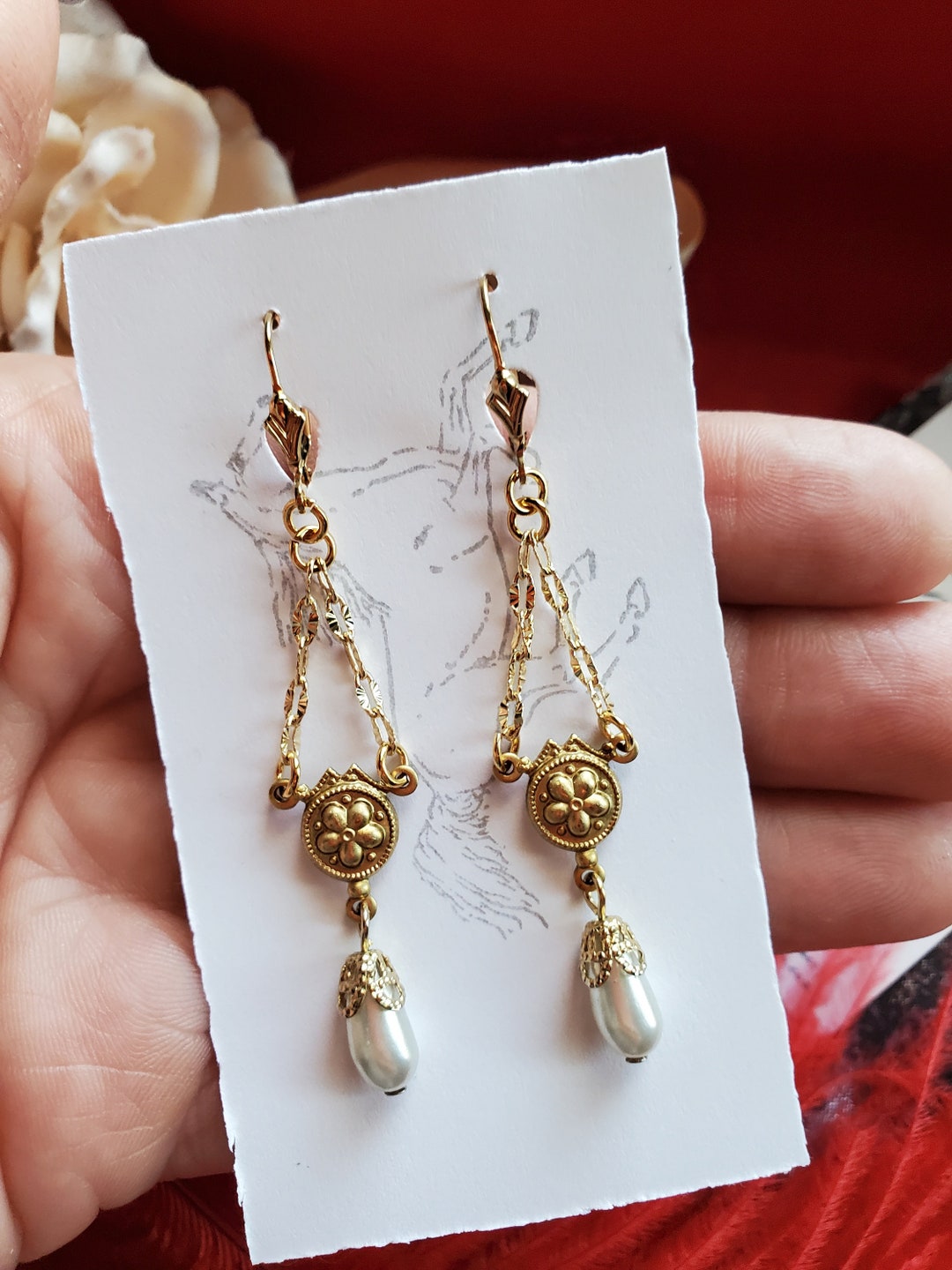 E-0555 Chain and Glass Pearl Earrings, Georgian Earrings, Regency ...