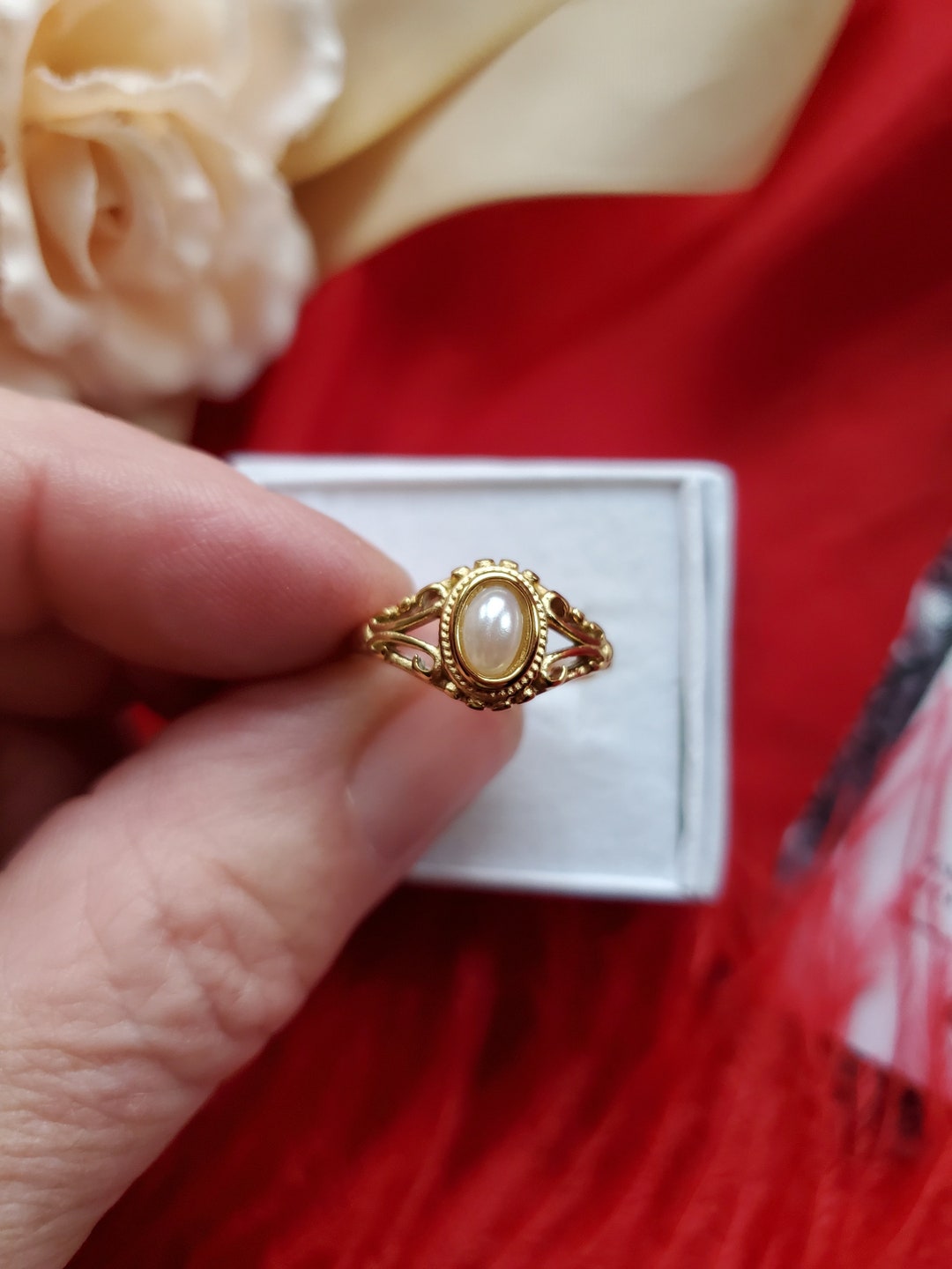 R-0081 PVD Gold and Glass Classical Pearl Ring Georgian Ring, Regency ...