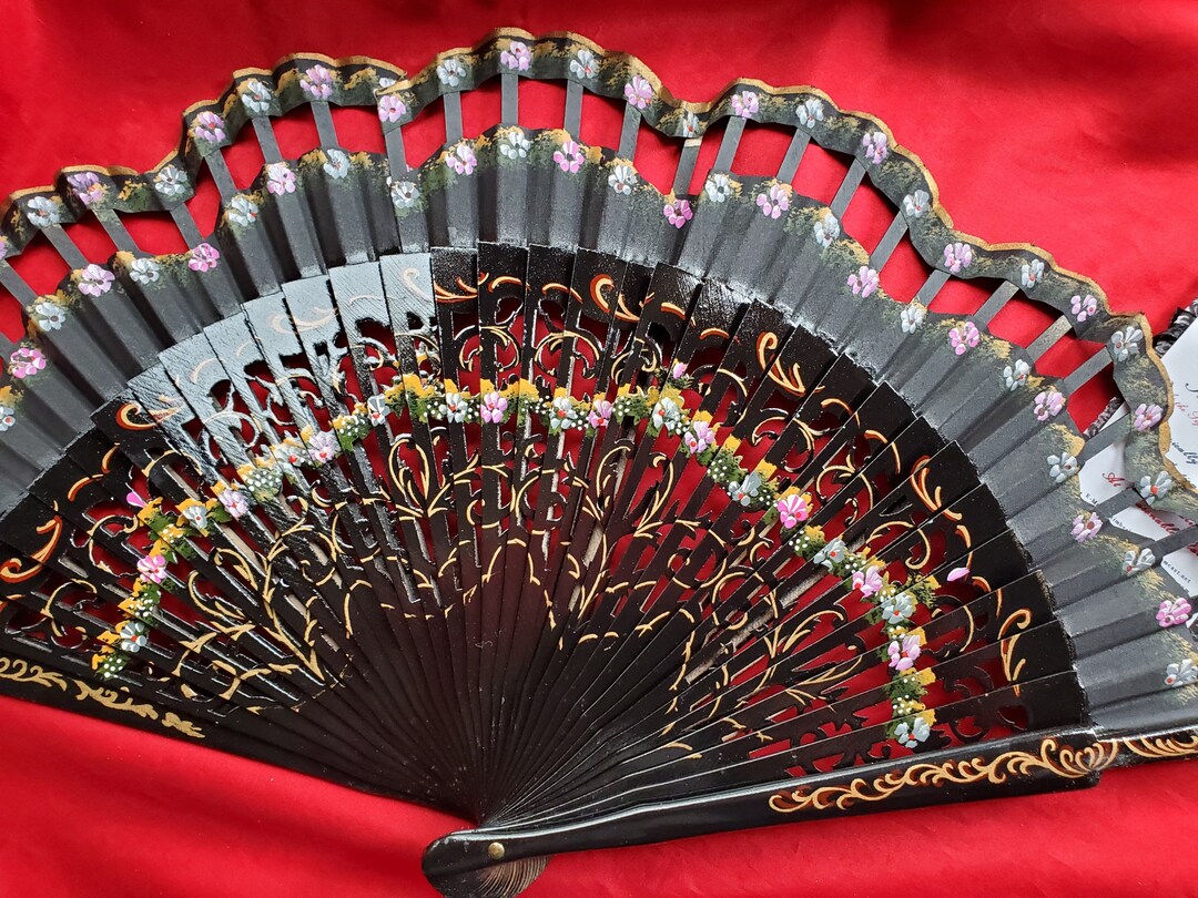 F-0007 Wooden Curvy Style Hand Painted Fan Georgian Fan, Regency Fan ...