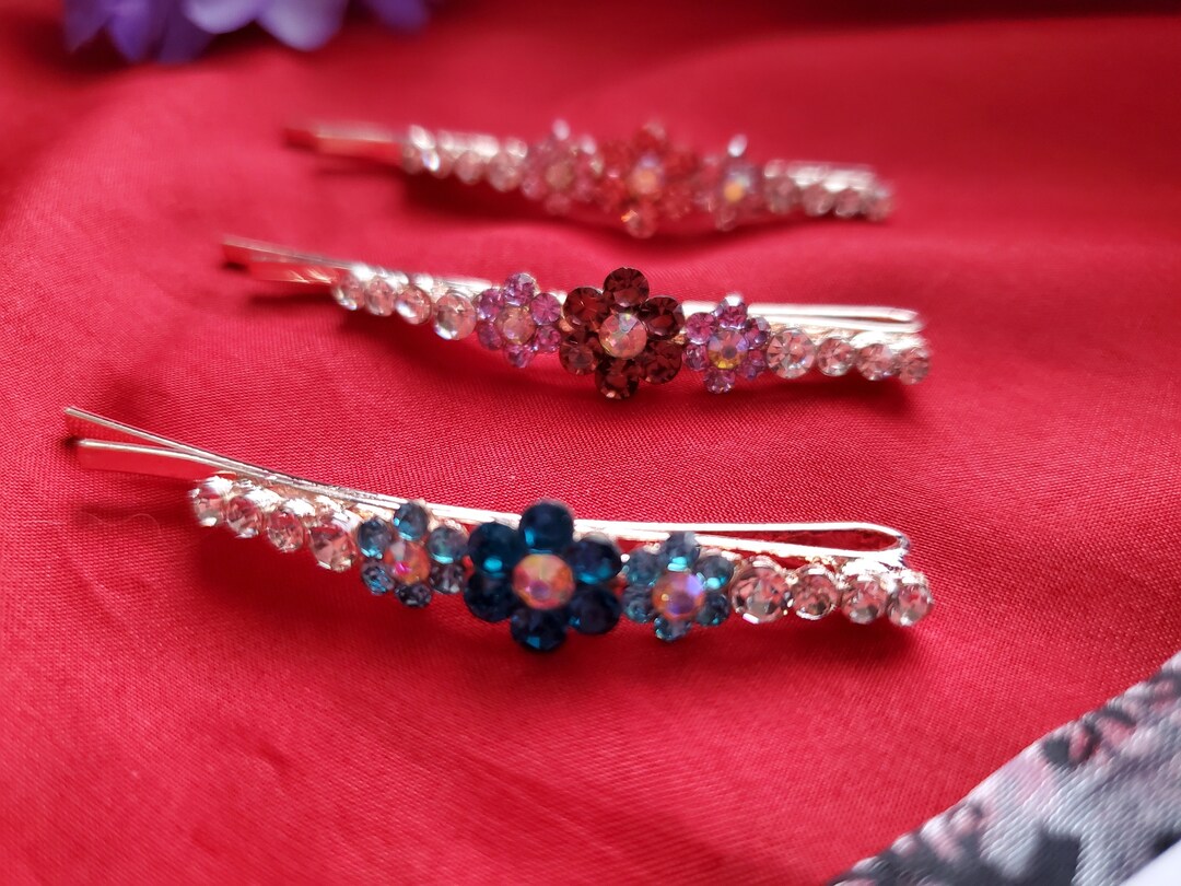HA-0012 - Sparkly Tapered Flower Bobby Pin - Purple, Pink, Blue, and ...