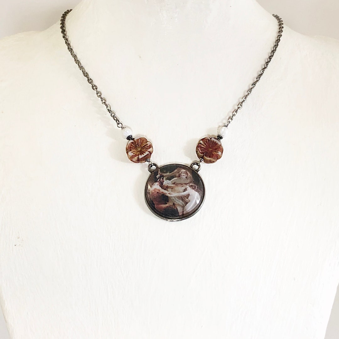 Satyr and Nymphs Bouguereau Art Glass Cabochon With Czech Glass Pink ...