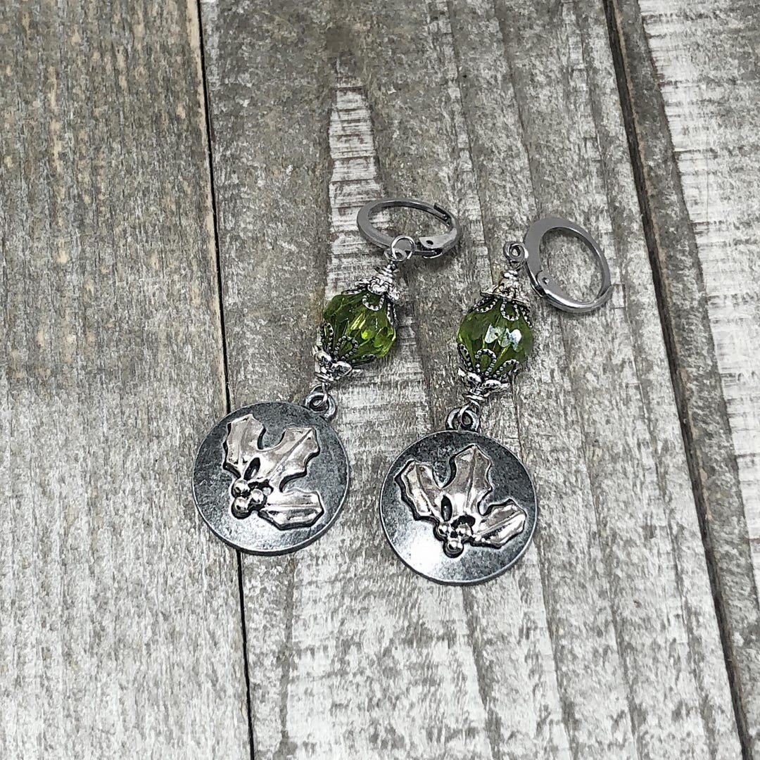 Oxidized Silver Coin With Raised Holly Leaves Earrings, Czech Green ...