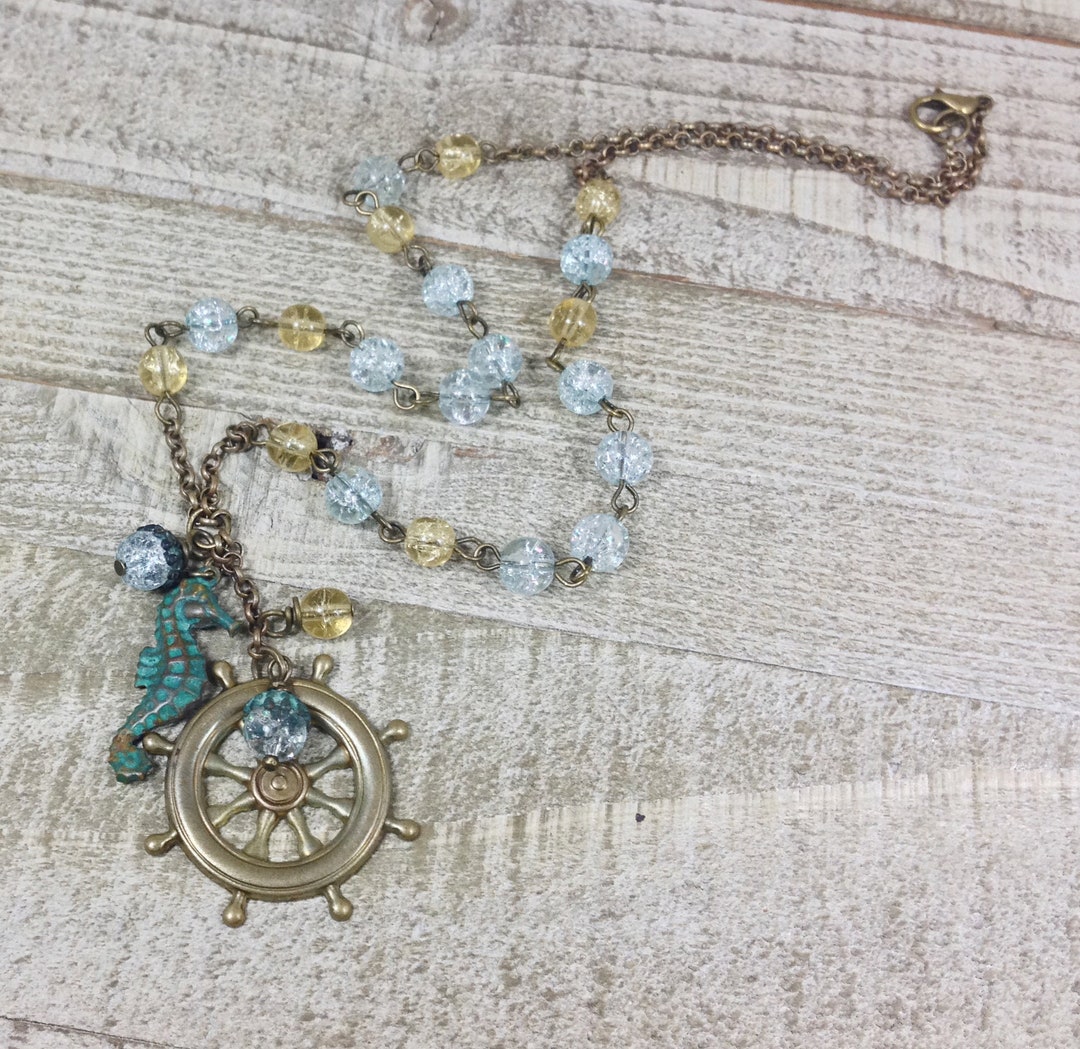 Verdigris Seahorse and Ship's Wheel Charm Necklace With - Etsy