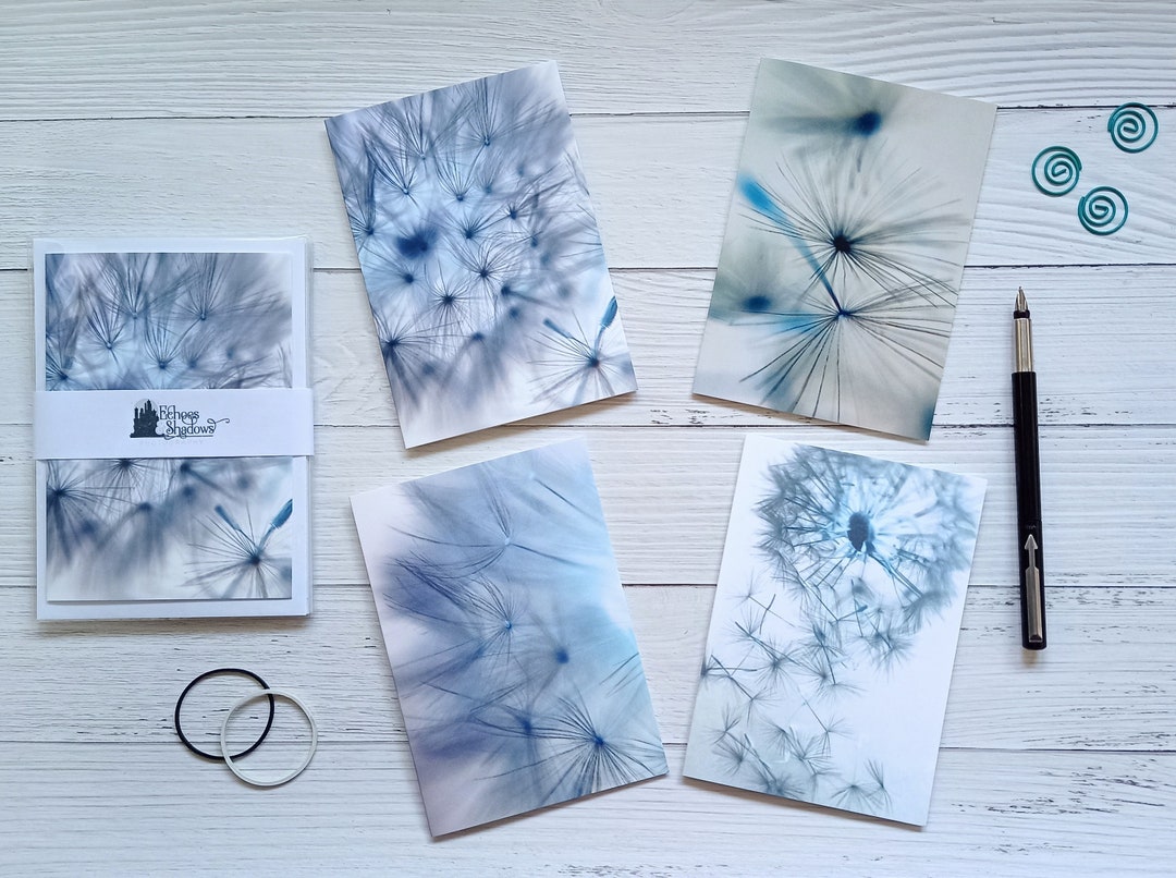 Dandelion Flower Greeting Card Pack, Blue Flower 4 Card Multi Pack ...