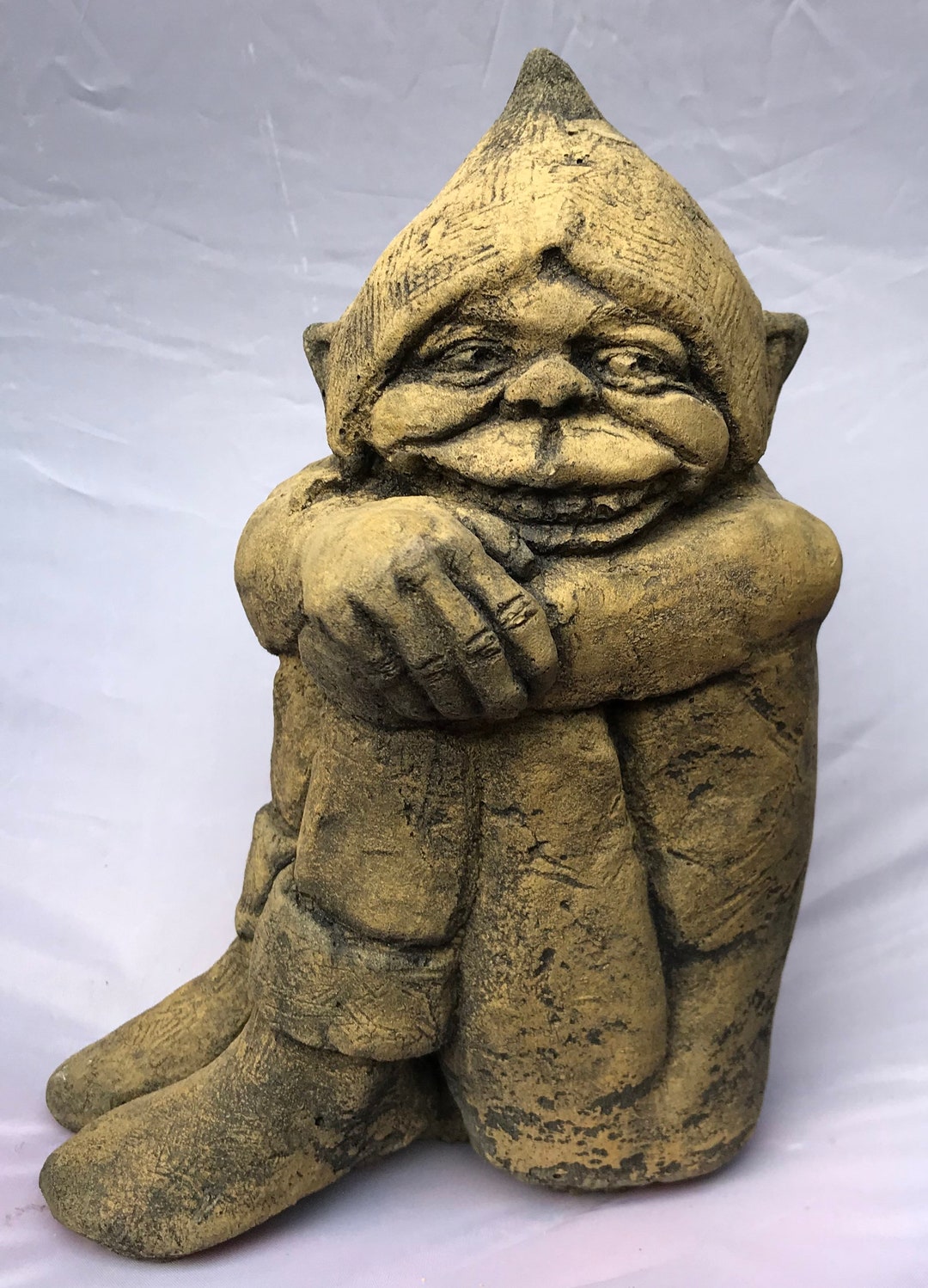 Grinning Pixie Piskie Sitting Hugging His Knees Stone Home or Garden ...