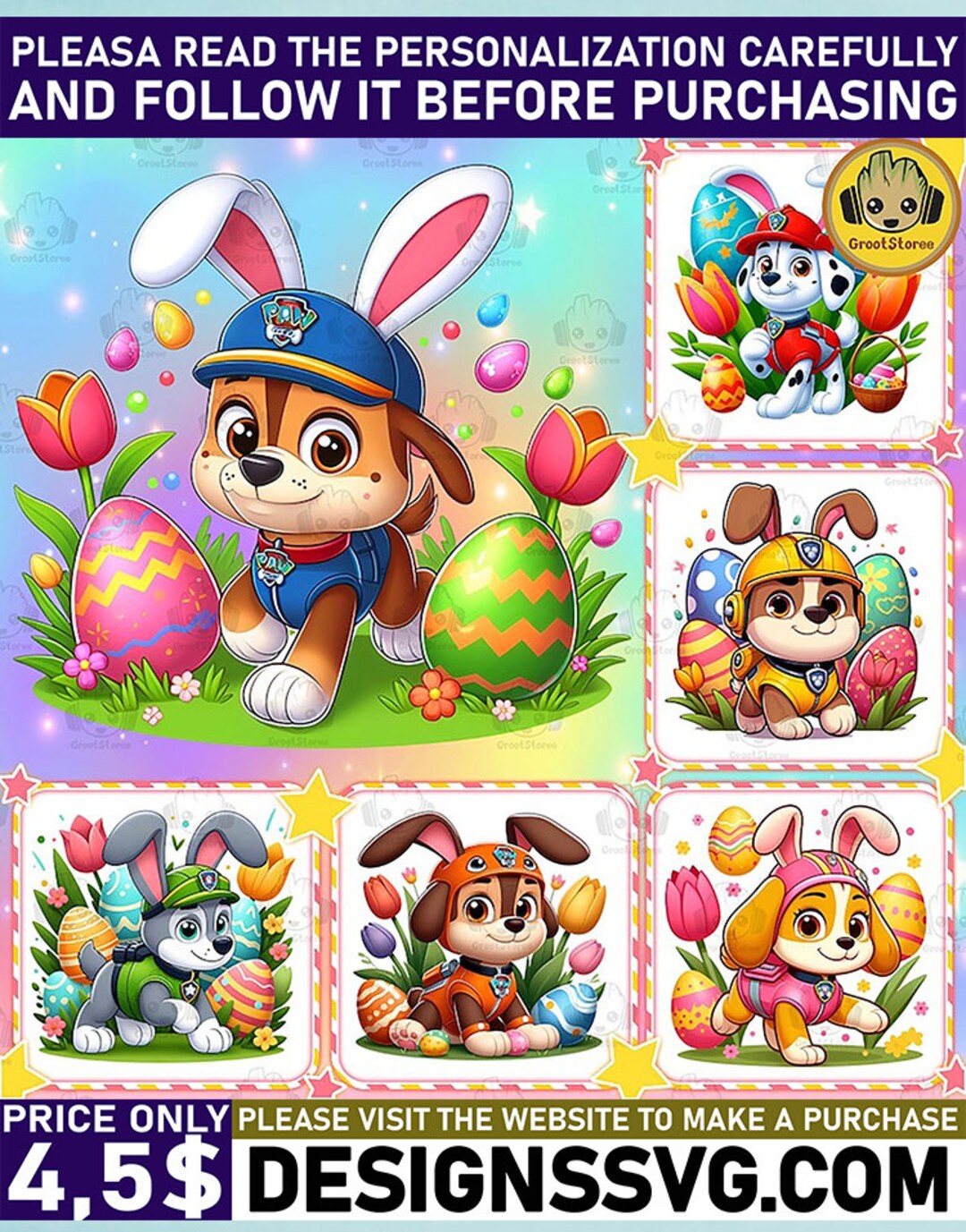 6 Cartoon Easter Dog Character Png Bundle, Spring Easter Png, Happy ...