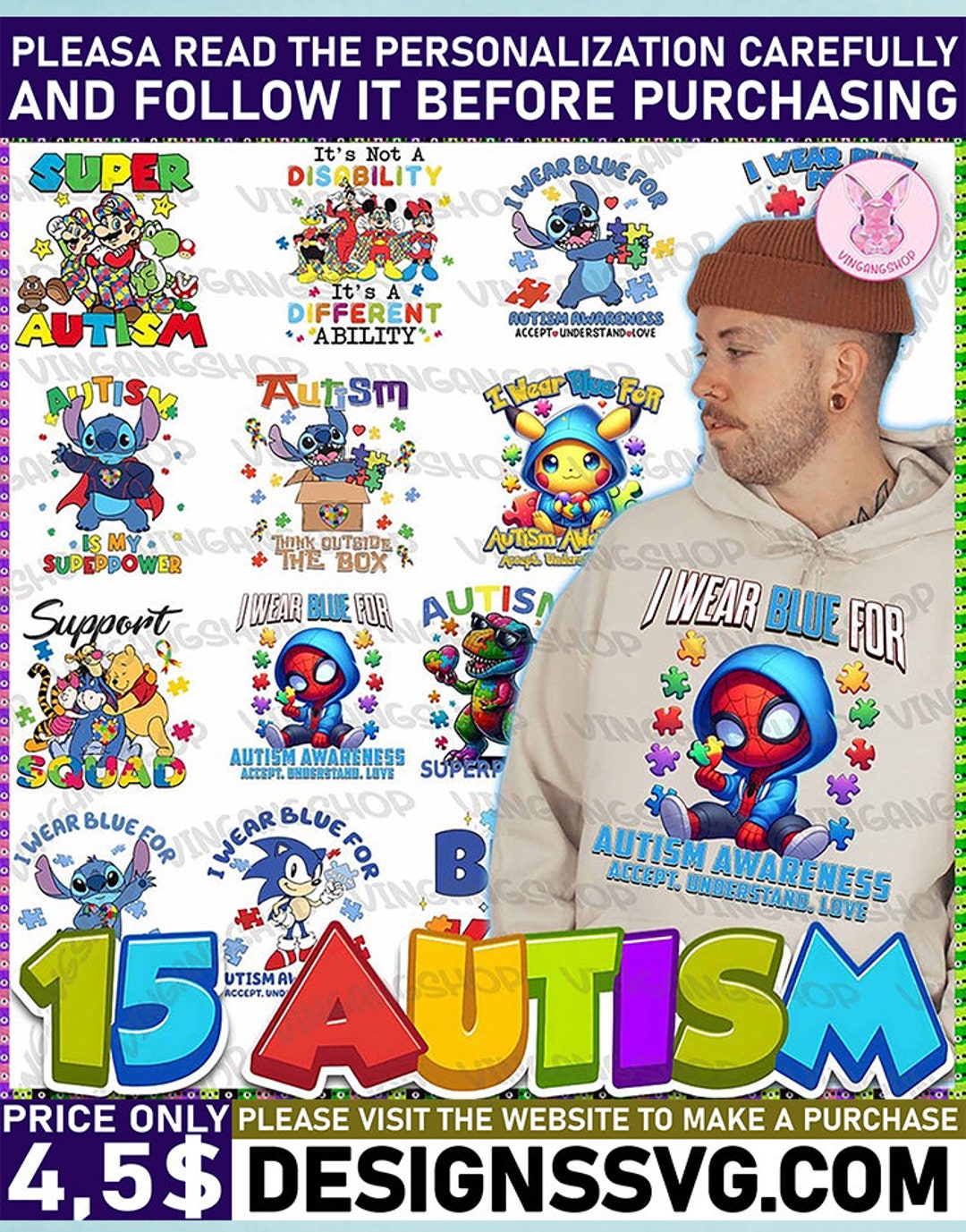 15 Autism Awareness Png Bundle, Autism Puzzle Png, Character Cartoon ...