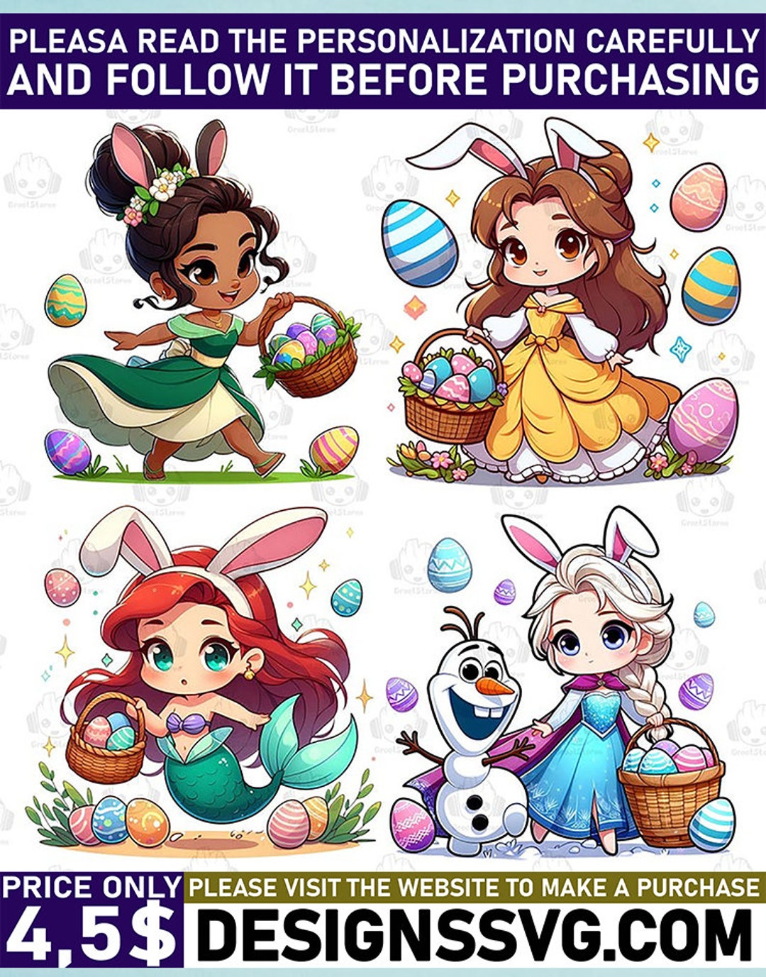 6 Easter Cartoon Princess Png Bundle, Cartoon Easter Png, Happy Easter ...