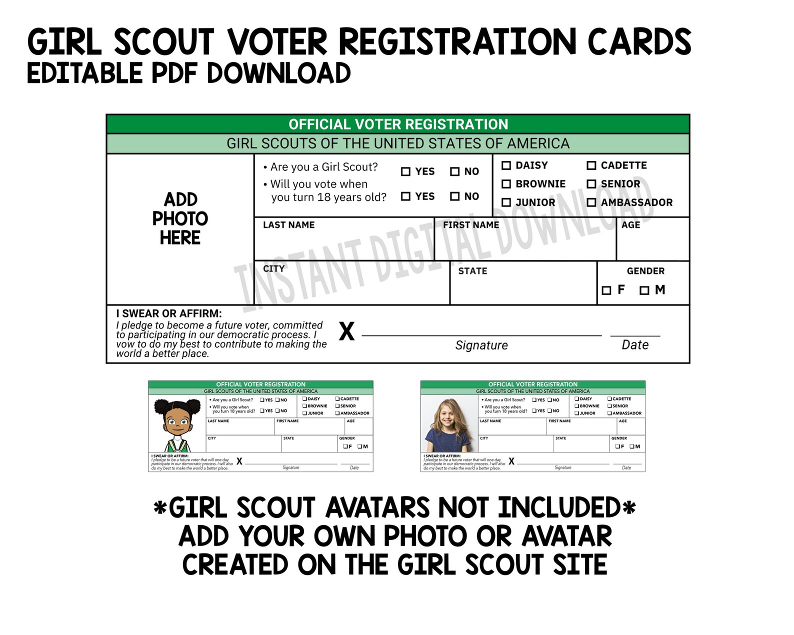 Girl Scout Mock Voter Registration Cards - Election - INSTANT DIGITAL ...