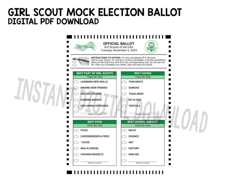 Girl Scout Theme Mock Election Ballot - Editable - INSTANT DIGITAL ...