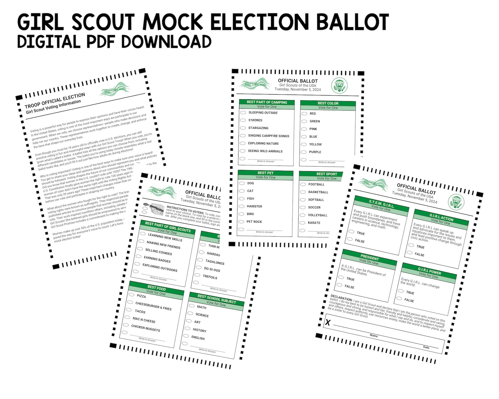 Girl Scout Theme Mock Election Ballot - Editable - INSTANT DIGITAL ...