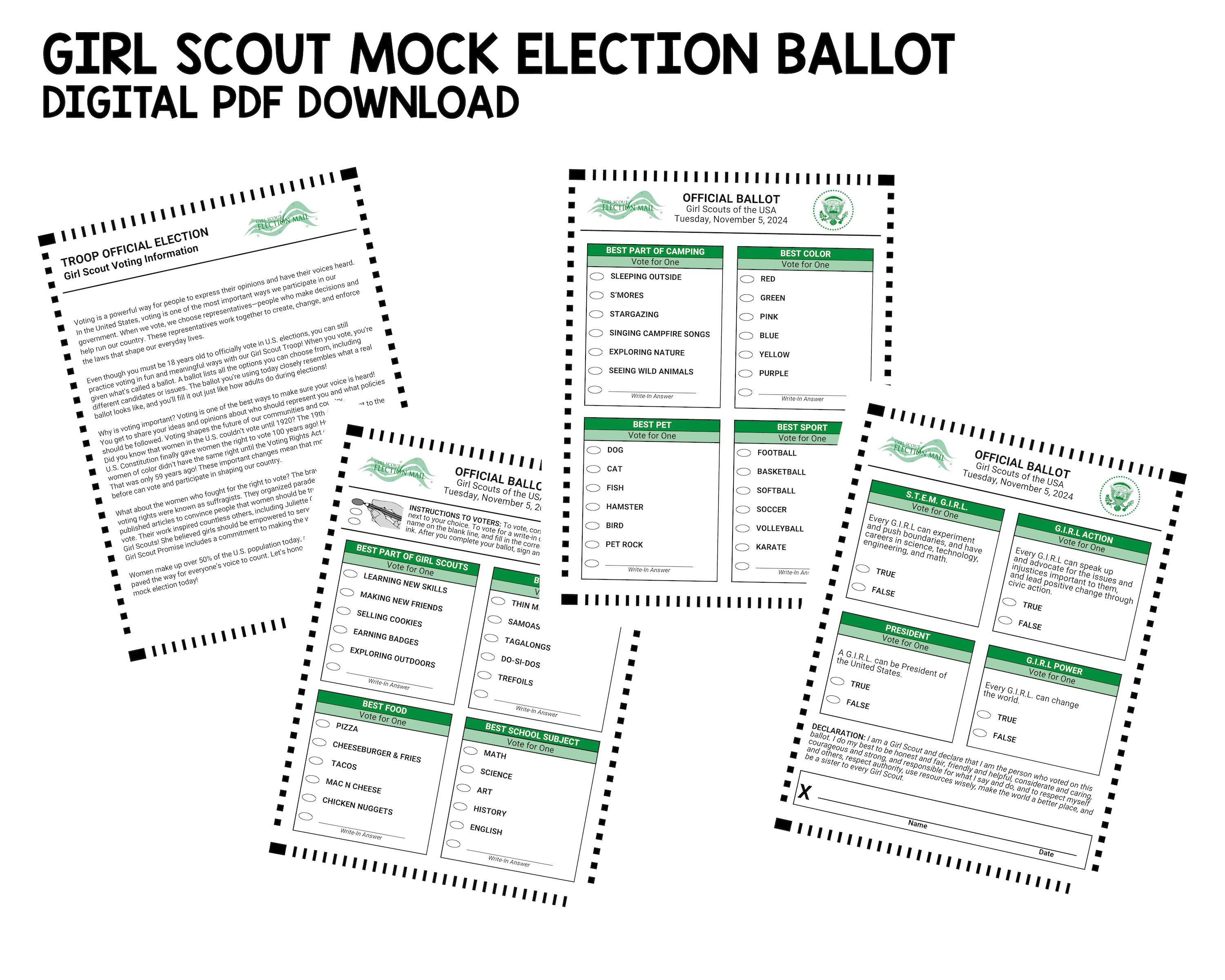 Girl Scout Theme Mock Election Ballot - Editable - INSTANT DIGITAL ...