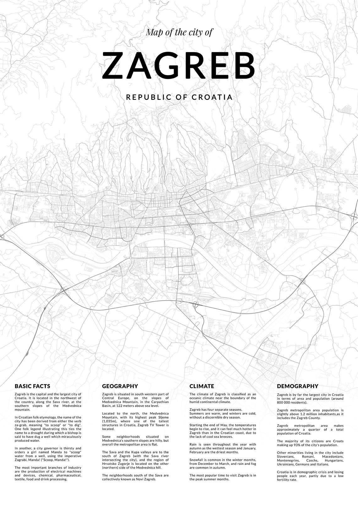 Zagreb Map Print City Map of Zagreb Zagreb Map Wall Art - Etsy