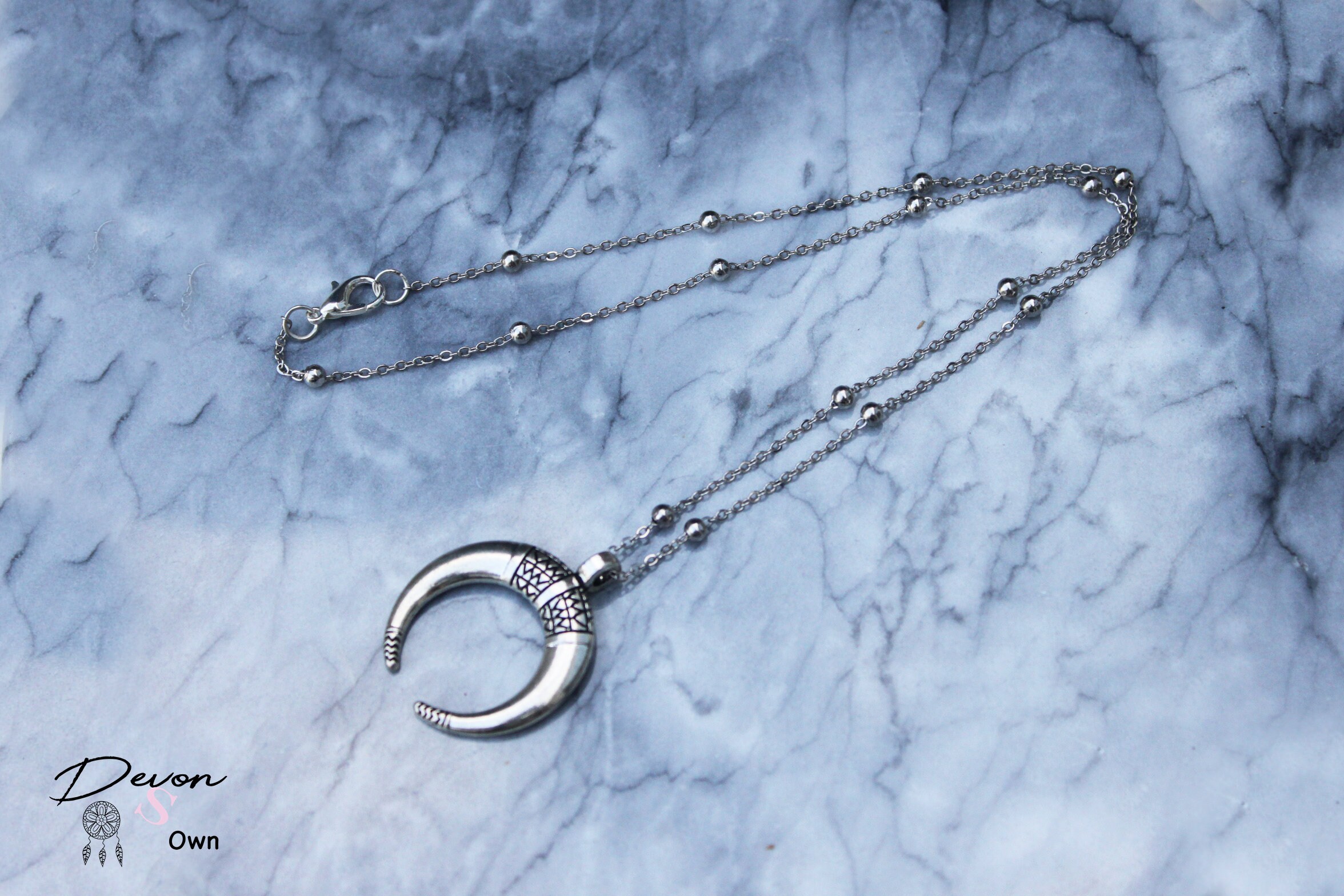 Crescent Moon Necklace, Silver Link Chain With Round Metal Ball ...