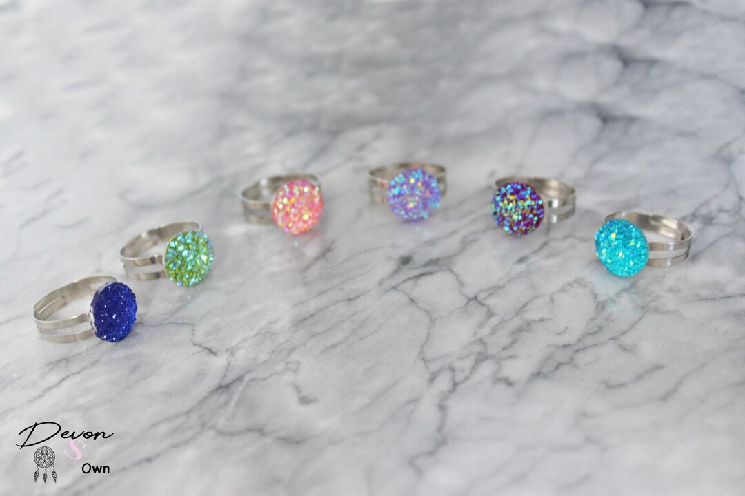 Adjustable Ring With Stuck Glitter Cabochon, Children Ring Silver ...