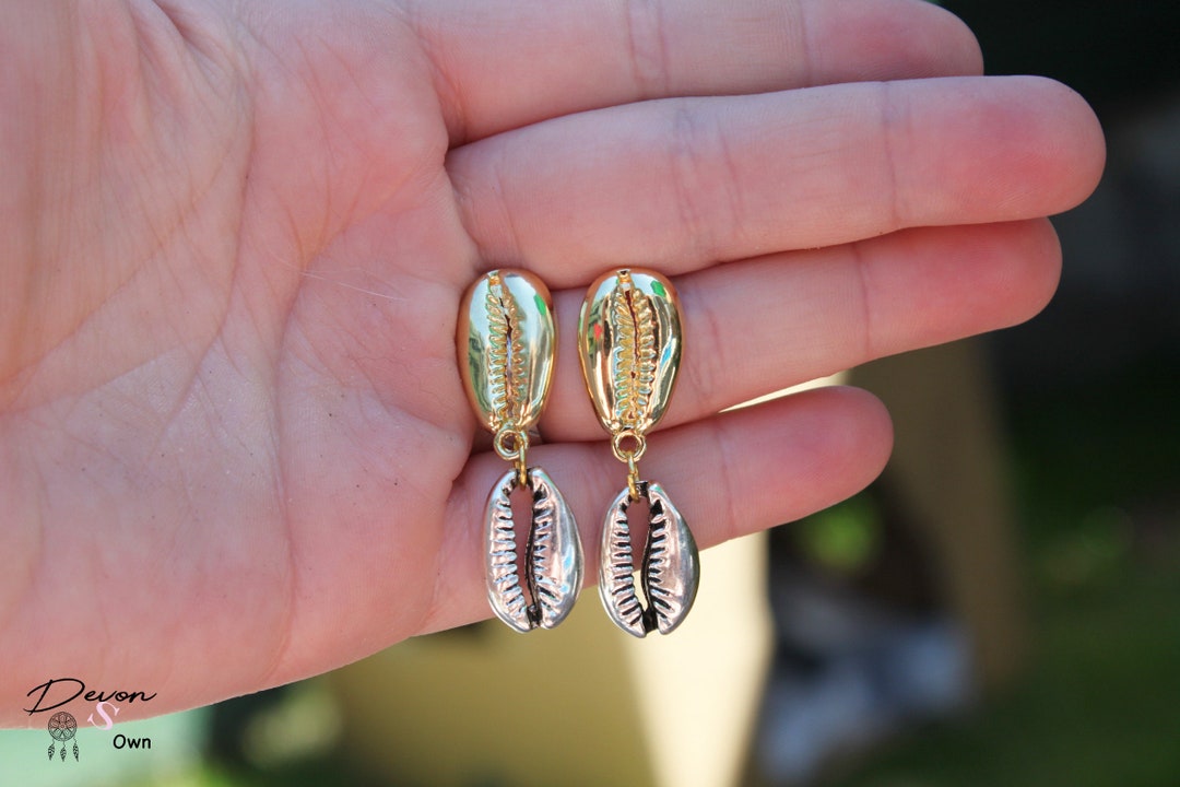 Golden Kauri Shell Ear Stud With a Silver Shell, Shells Earings ...