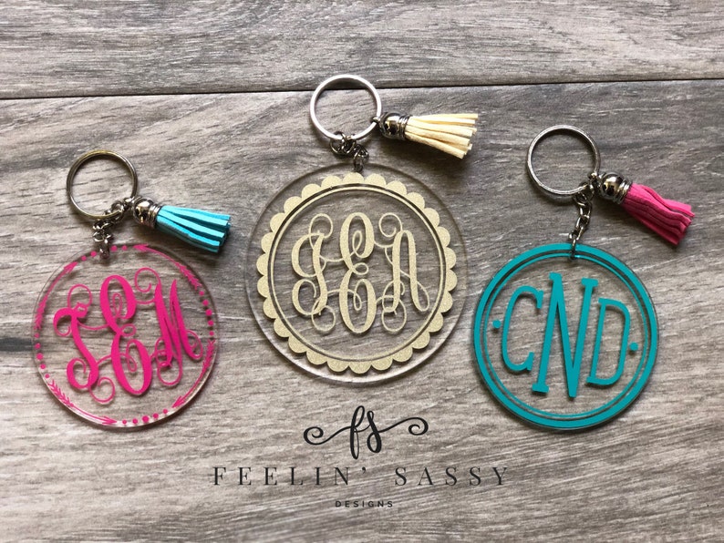 Personalized Monogram Keychain With Tassel, 2.5" or 3" Acrylic Round ...