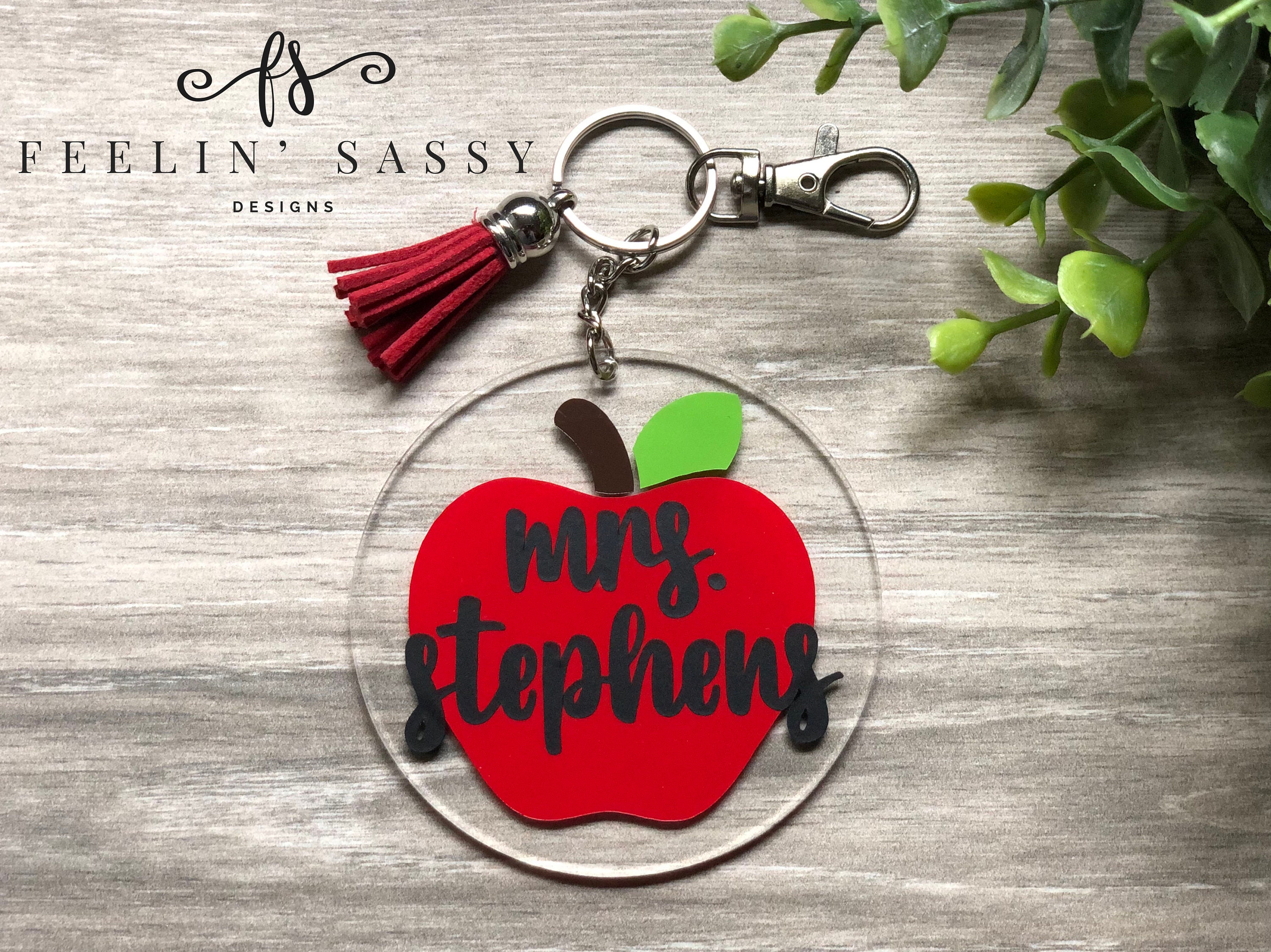 Personalized Apple Keychain With Tassel, 2.5" or 3" Acrylic Round ...