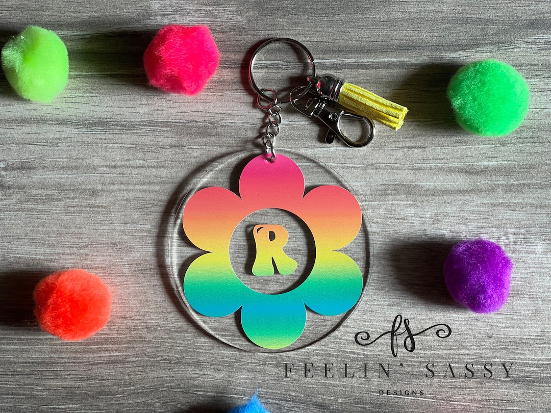 Retro Flower Keychain, Personalized Monogram Keychain With Tassel, 2.5 ...