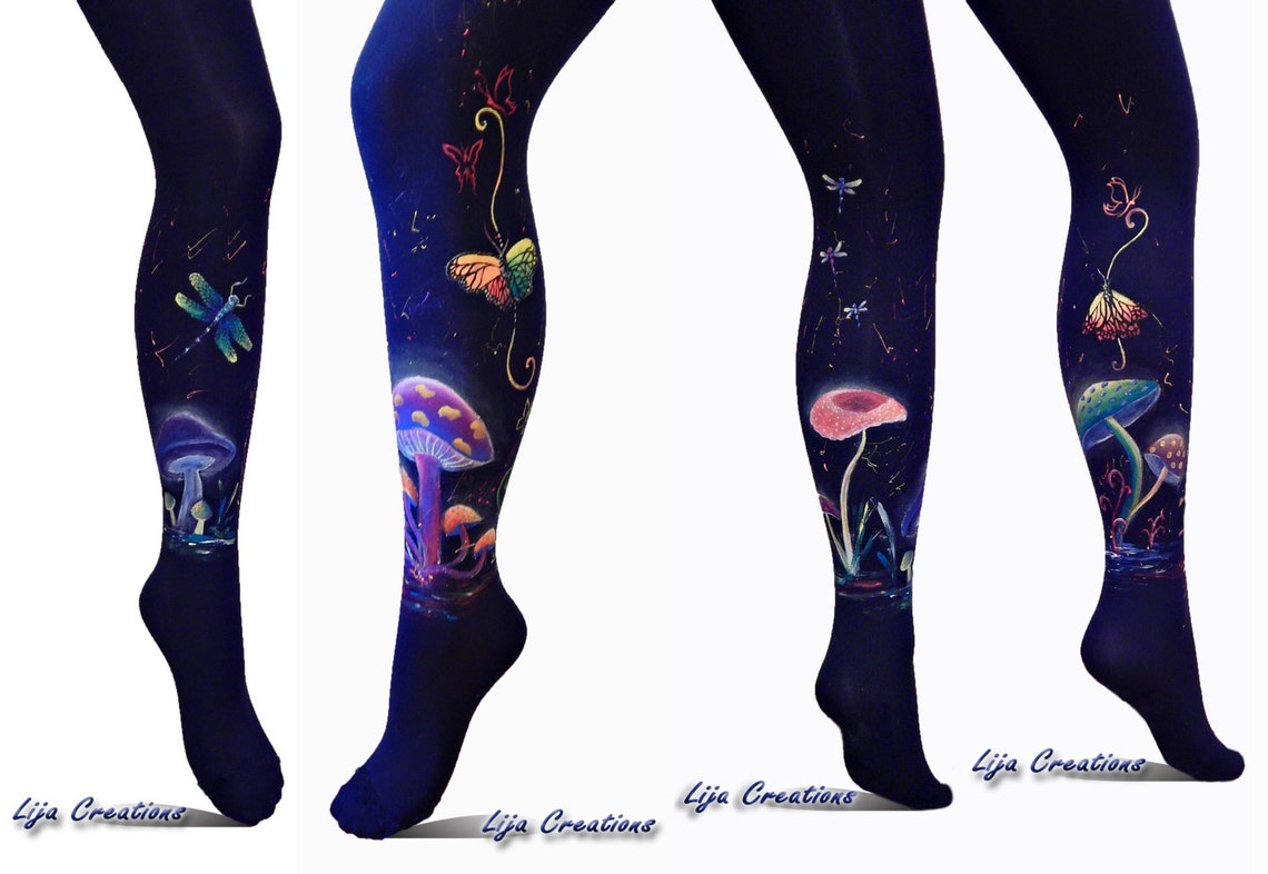 Hand Painted Colorful Tights, Colorful Mushroom Leggings, Colorful ...