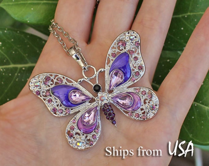 Purple Butterfly Pendant Purple Rhinestone Butterfly Pendant - Etsy