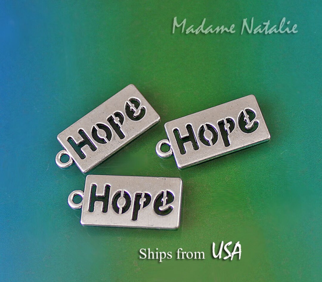 Hope Charms (10), Rectangular Word: HOPE Pendants, Silver Tone Message ...