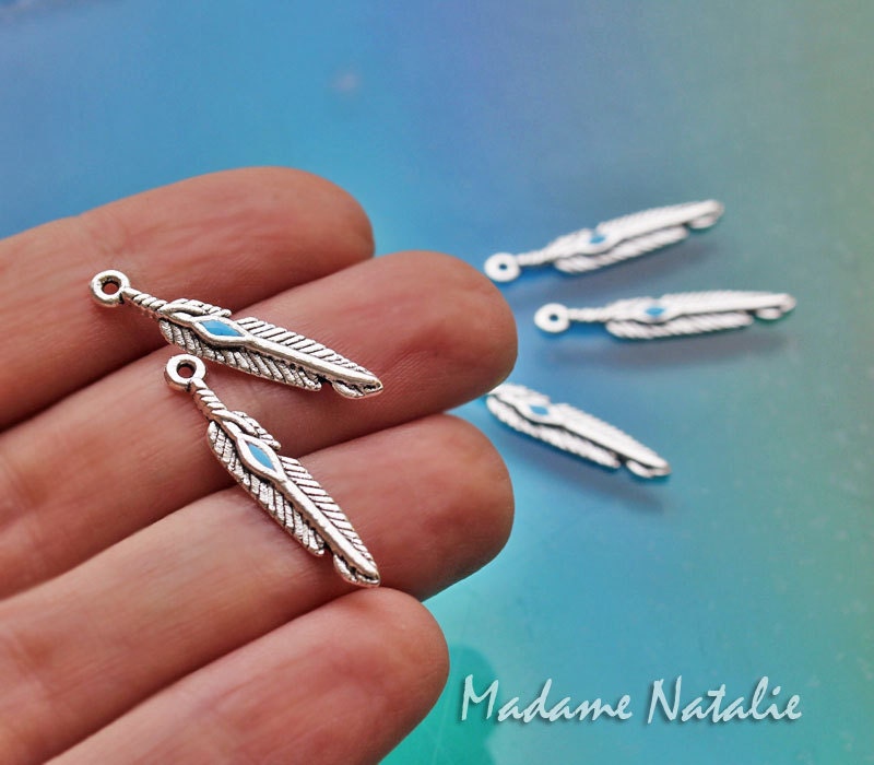 Feather Charms 27x5mm Tibetan Silver Blue Enamel Feathers - Etsy