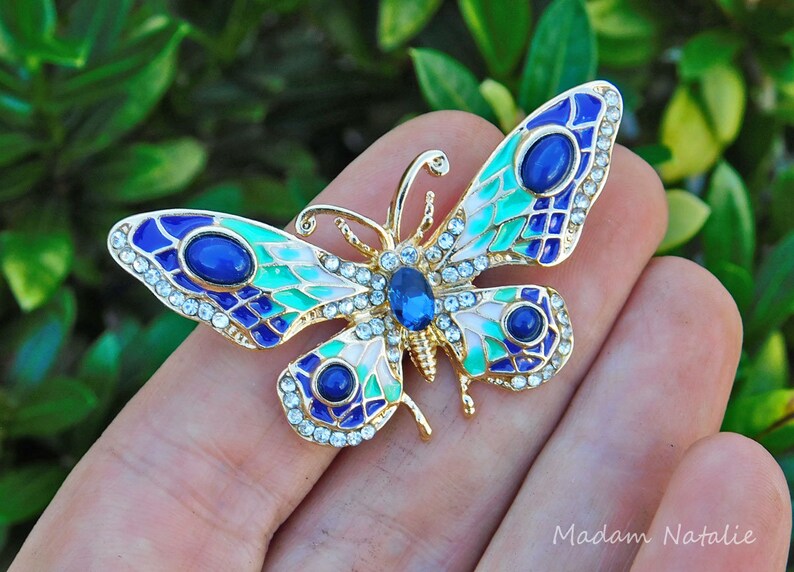 Blue Green Butterfly Pin 50x30mm Enamel Rhinestone Butterfly | Etsy