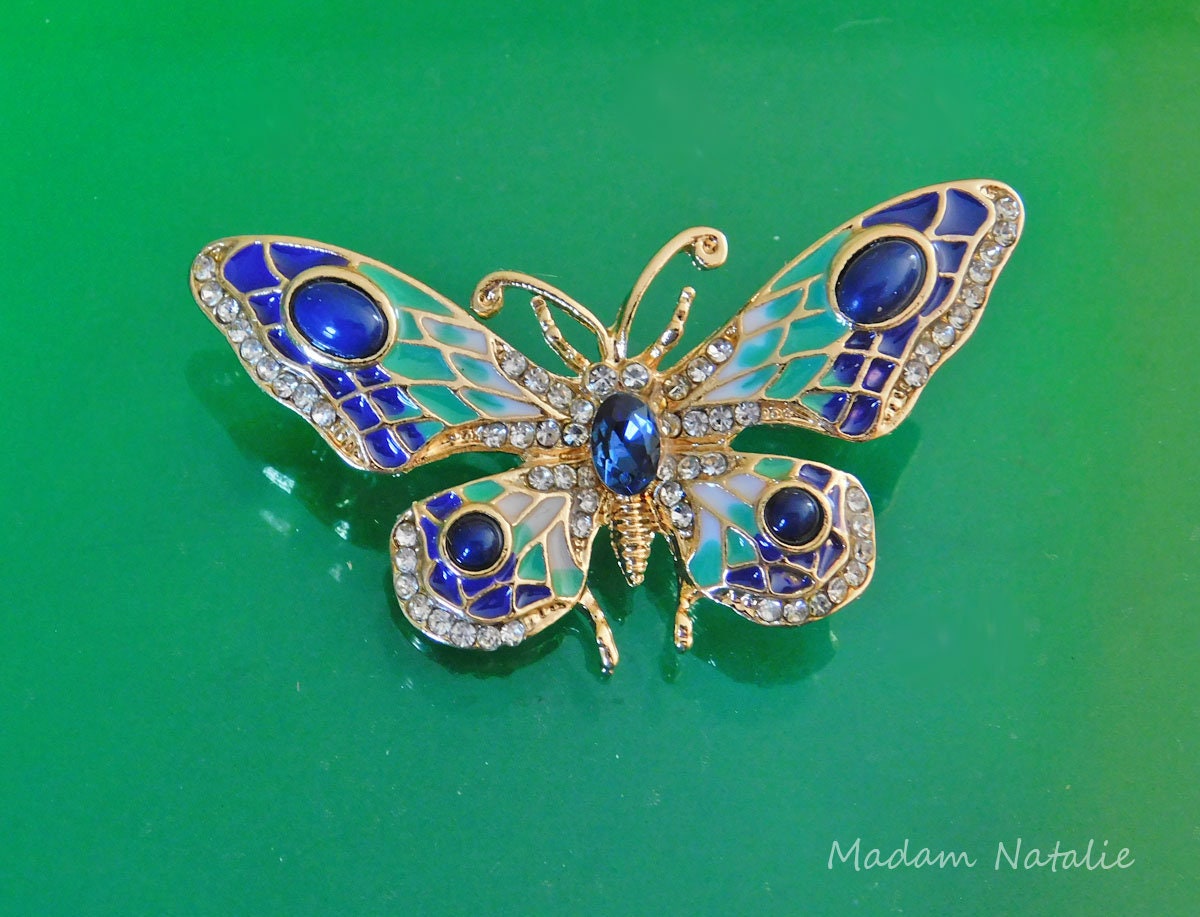 Blue Green Butterfly Pin 50x30mm Enamel Rhinestone Butterfly | Etsy