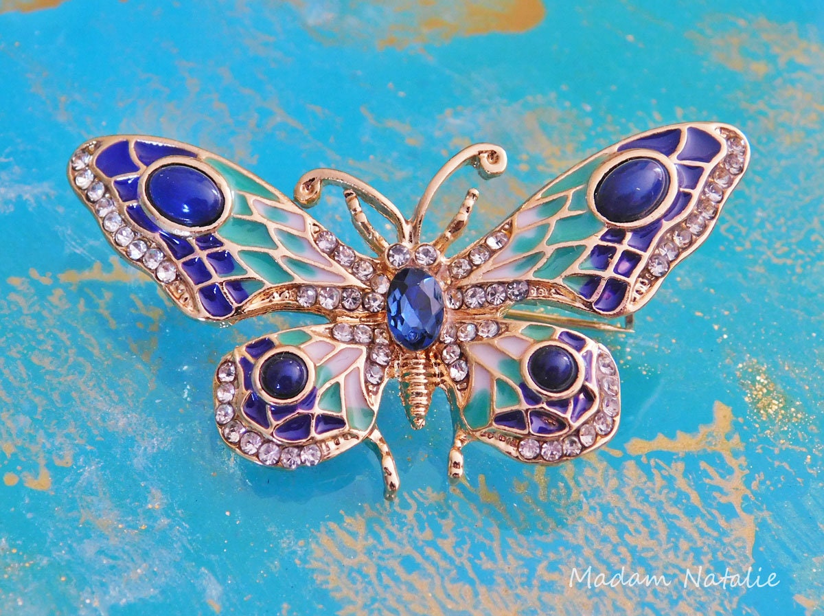Blue Green Butterfly Pin 50x30mm Enamel Rhinestone Butterfly | Etsy
