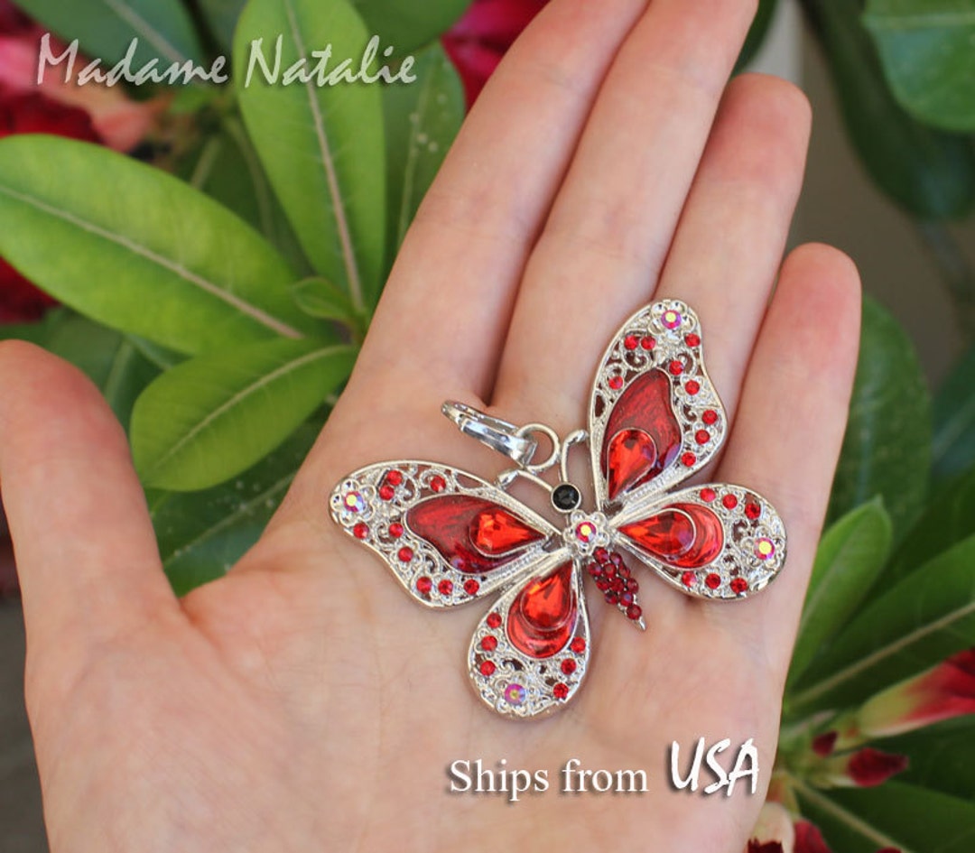 Red Butterfly Pendant, Red Rhinestone Butterfly Pendant, Red Enamel ...