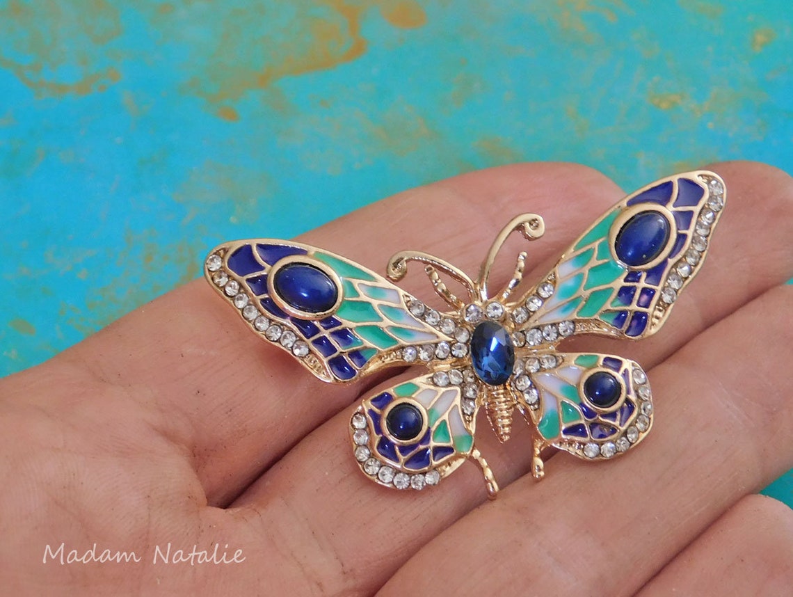 Blue Green Butterfly Pin 50x30mm Enamel Rhinestone Butterfly | Etsy