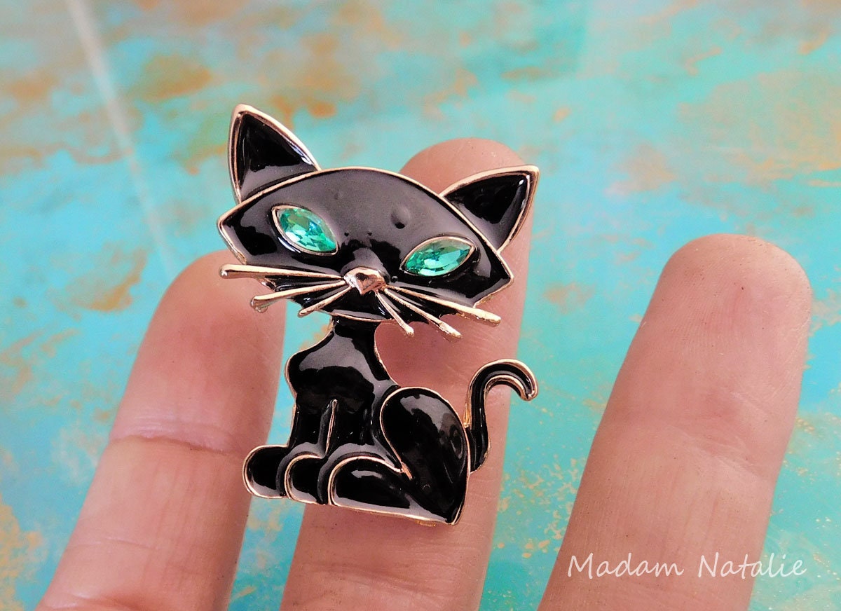 Cat Pin 35mm Black Enamel Cat Pin Black Kitty With Green Etsy