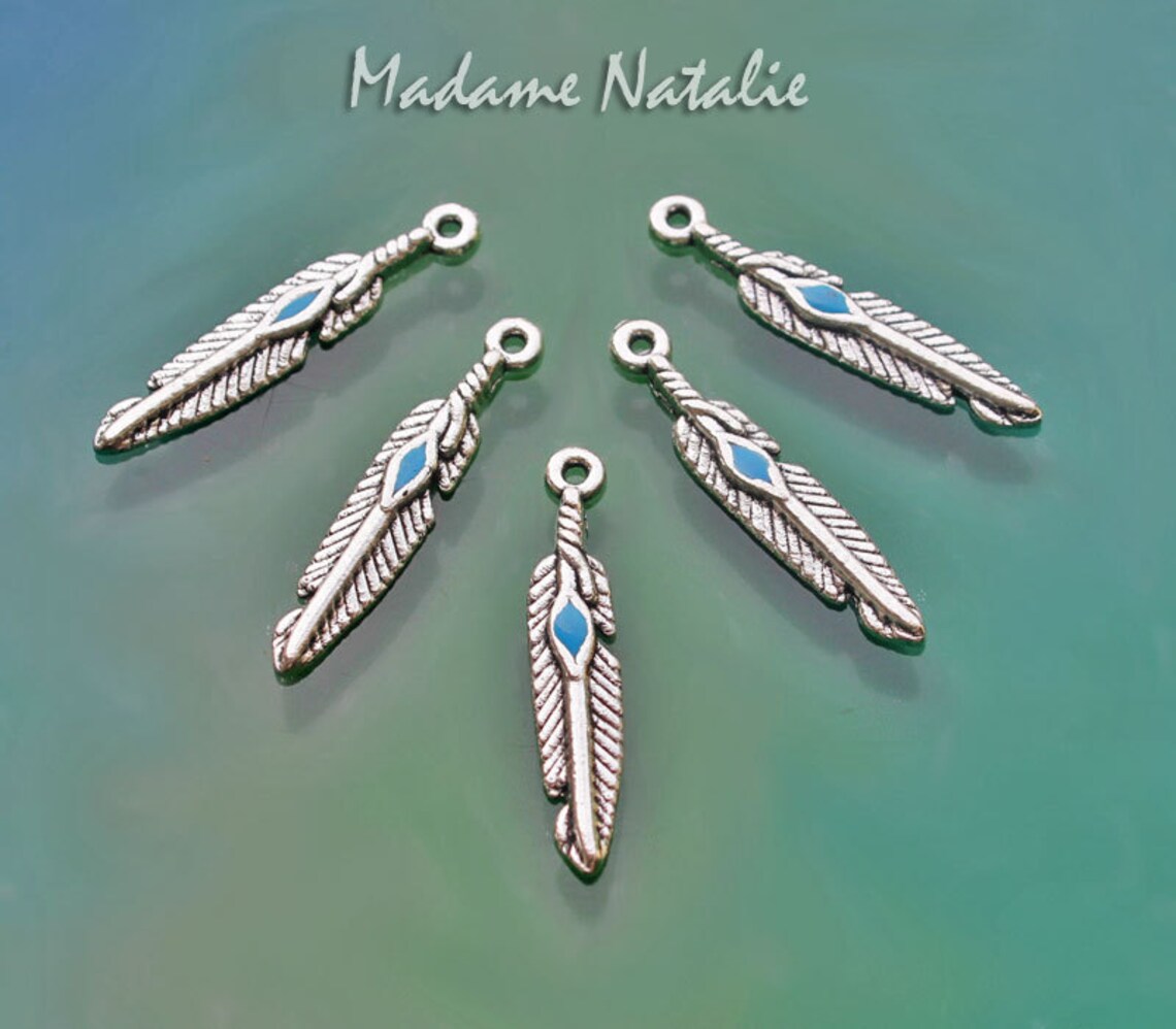Feather Charms 27x5mm Tibetan Silver Blue Enamel Feathers - Etsy