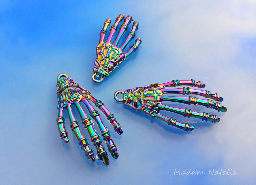 Skeleton Hand Pendants (3pc) 43x22mm, Rainbow Gold Tone Metal Creepy ...