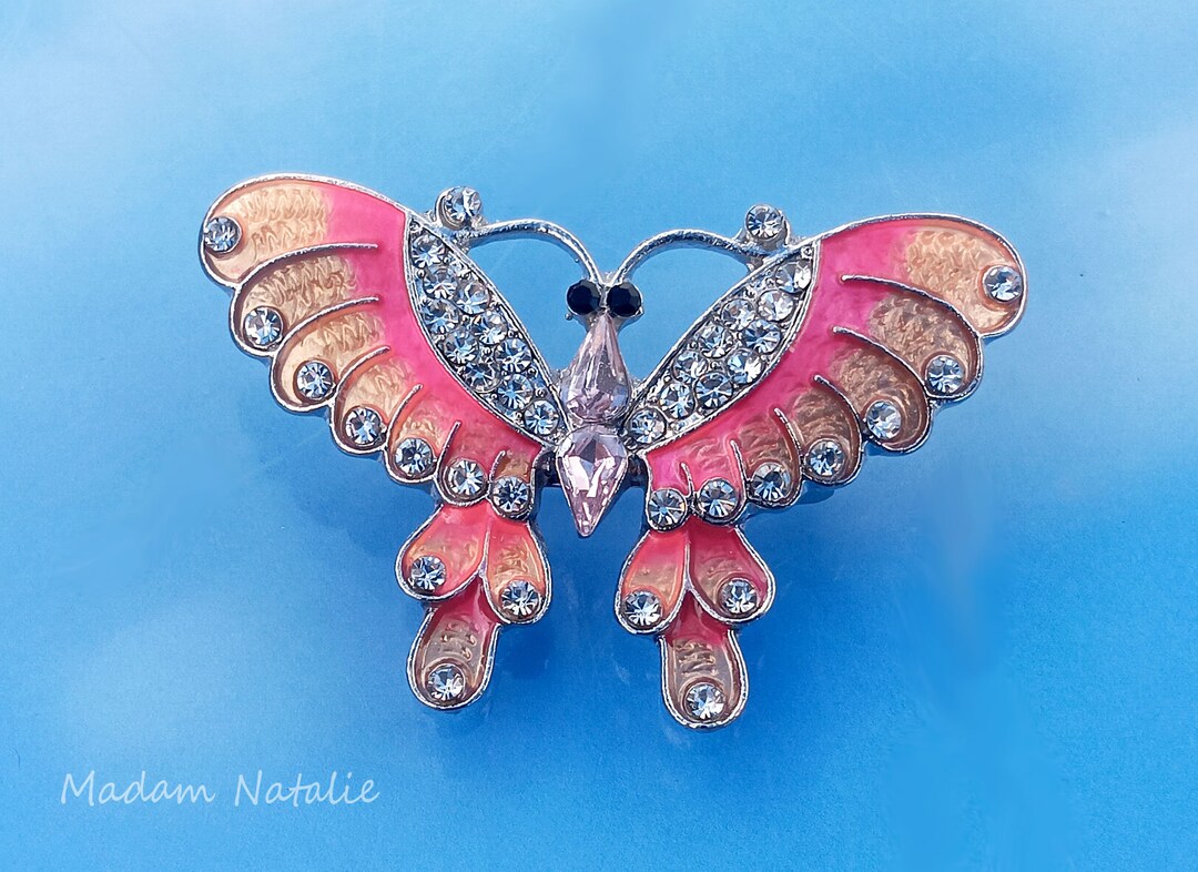 Pink Butterfly Pin 45x29mm, Enamel Rhinestone Butterfly in Shades of ...