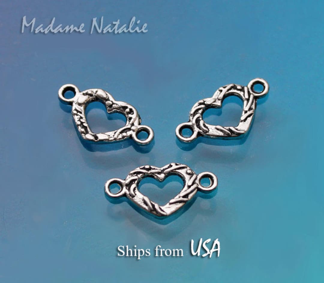 Antiqued Silver Heart Connectors: Double Sided Jewelry Links (12 Pcs ...