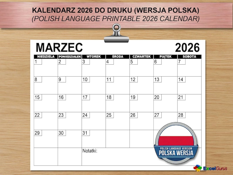2026 Polish Calendar Printable | Large Print | Polski Kalendarz 2026 ...