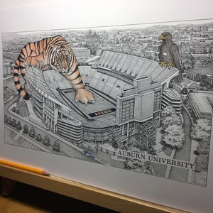 Auburn Football Stadium - 11"x17" Pen and Ink Drawing With Hand-colored ...