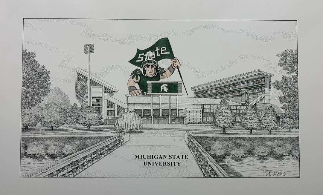 Michigan State Hand-drawn 11"x17" Pen and Ink Collage Print With Color ...